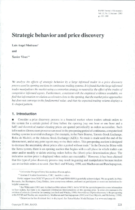 (PDF) Strategic Behavior and Price Discovery