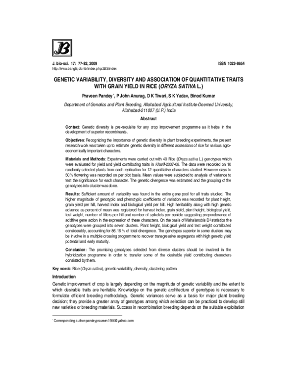 (PDF) Genetic Variability, Diversity and Association of Quantitative Traits with Grain Yield in ...