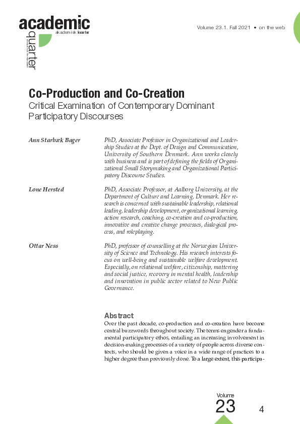 (PDF) Co-production and Co-creation: Critical Examination of one of ...
