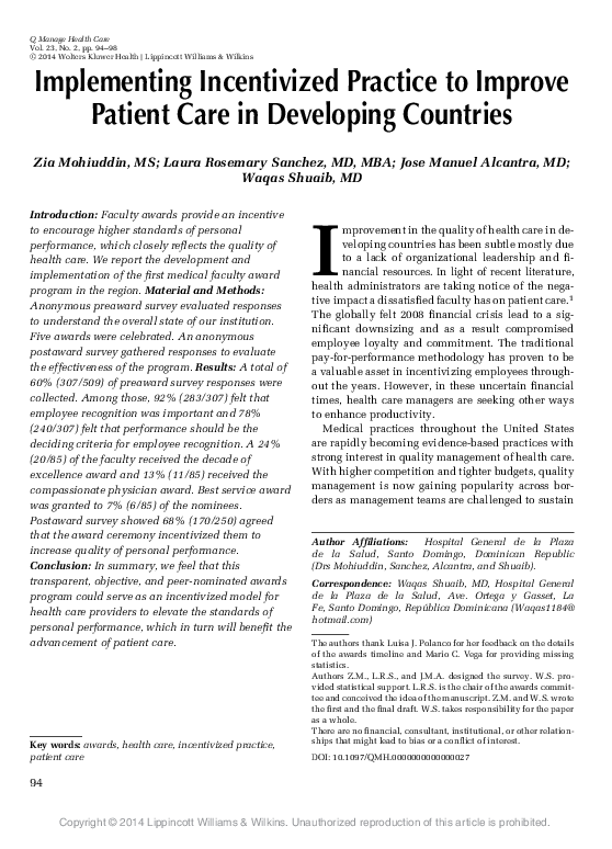 (PDF) Implementing Incentivized Practice to Improve Patient Care in Developing Countries