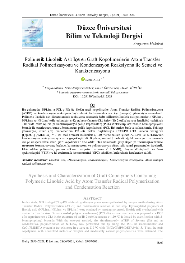 (PDF) Polimerik Linoleik Asit İçeren Graft Kopolimerlerin Atom Transfer ...