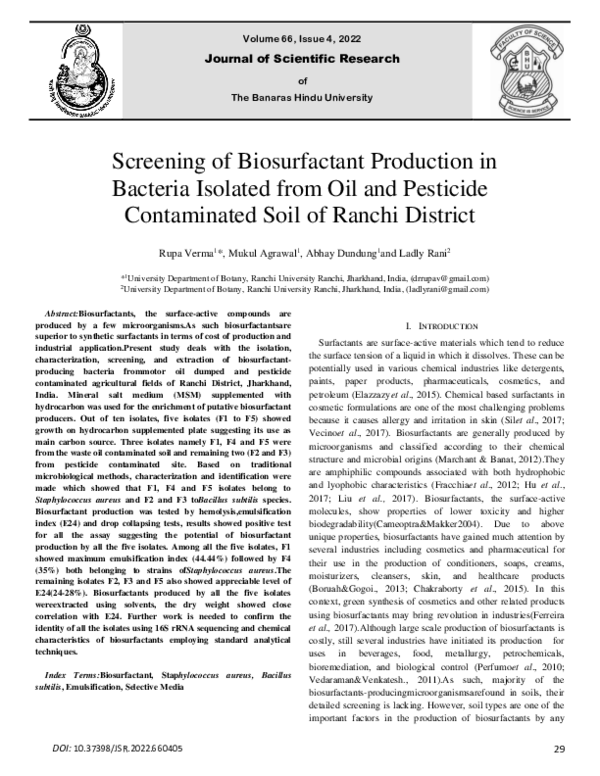 (PDF) Screening of Biosurfactant Production in Bacteria Isolated from Oil and Pesticide ...