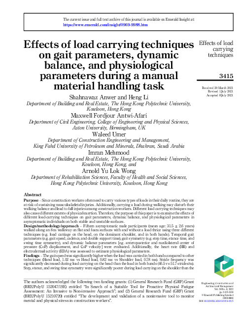 (PDF) Effects of load carrying techniques on gait parameters, dynamic balance, and physiological ...