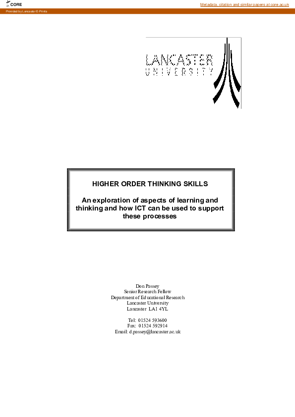 (PDF) Higher Order Thinking Skills: An exploration of aspects of learning and thinking and how ...