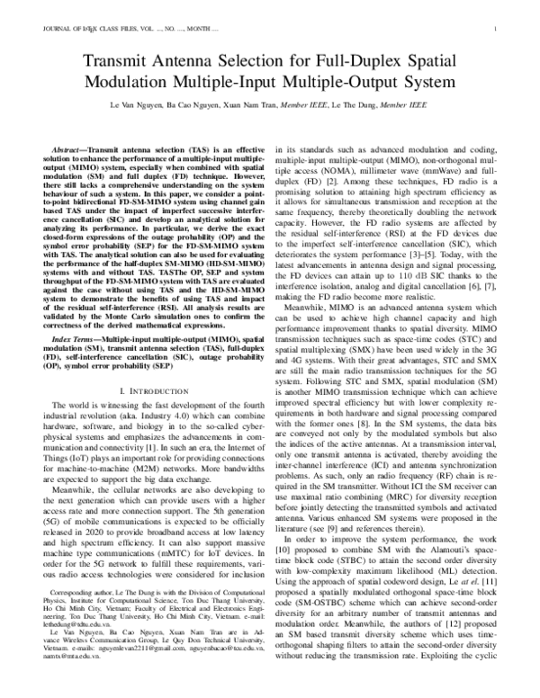 Pdf Transmit Antenna Selection For Full Duplex Spatial Modulation Multiple Input Multiple
