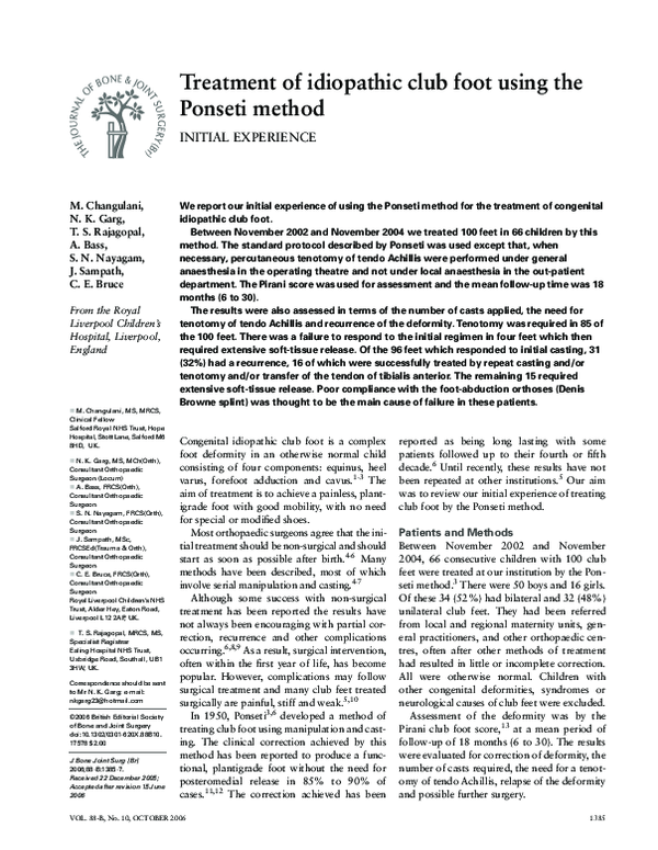 (PDF) Treatment of idiopathic club foot using the Ponseti method ...