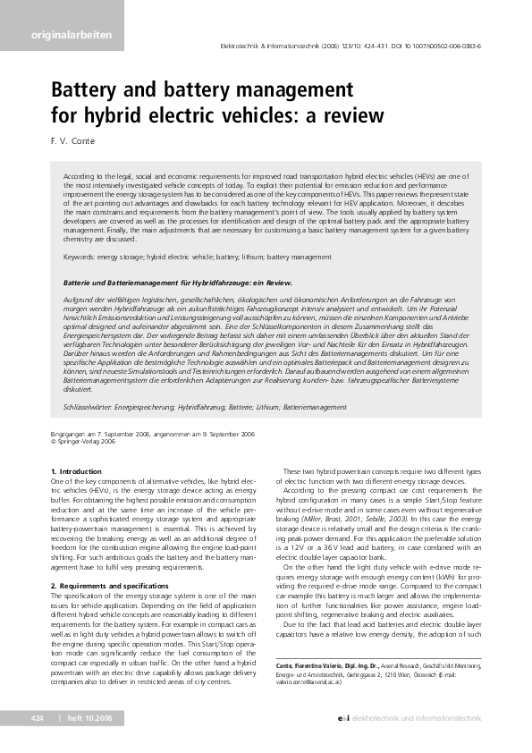 (PDF) Battery and battery management for hybrid electric vehicles: a review