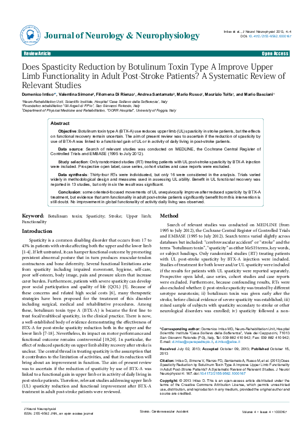 Pdf Does Spasticity Reduction By Botulinum Toxin Type A Improve Upper