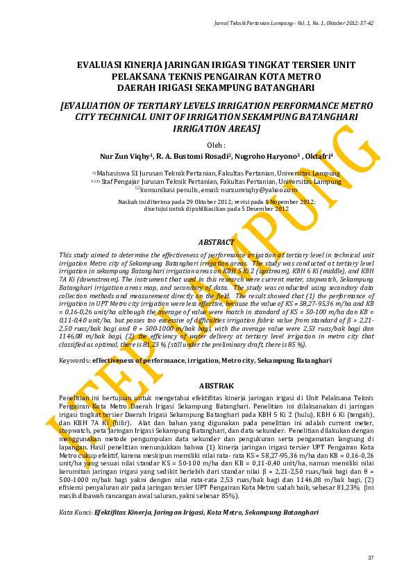 (PDF) Evaluation Of Tertiary Levels Irrigation Performance Metro City ...