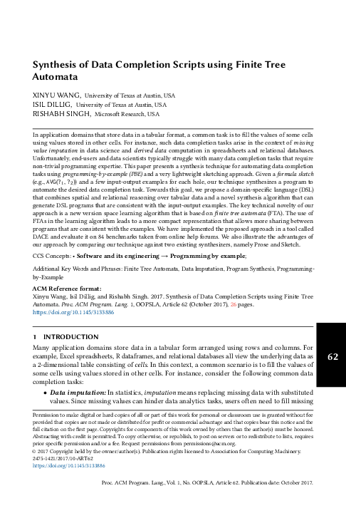 Pdf Synthesis Of Data Completion Scripts Using Finite Tree Automata