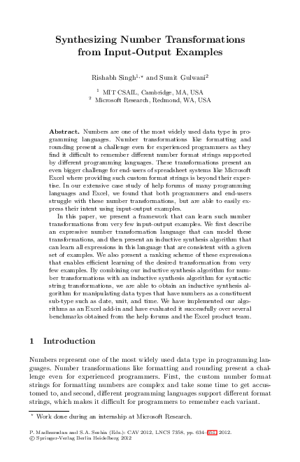 Pdf Synthesizing Number Transformations From Input Output Examples Rishabh Singh 