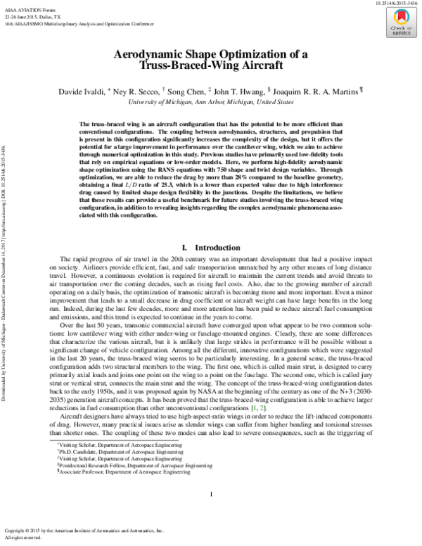 Pdf Aerodynamic Shape Optimization Of A Truss Braced Wing Aircraft