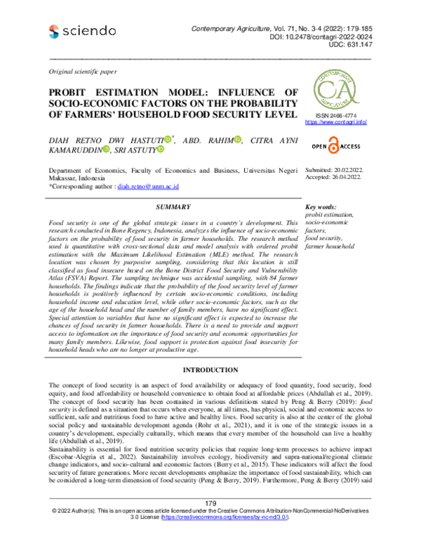 (PDF) Probit Estimation Model: Influence of Socio-Economic Factors on the Probability of Farmers ...