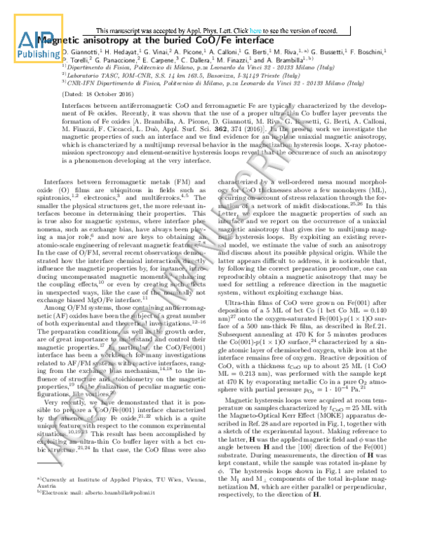(PDF) Magnetic anisotropy at the buried CoO/Fe interface