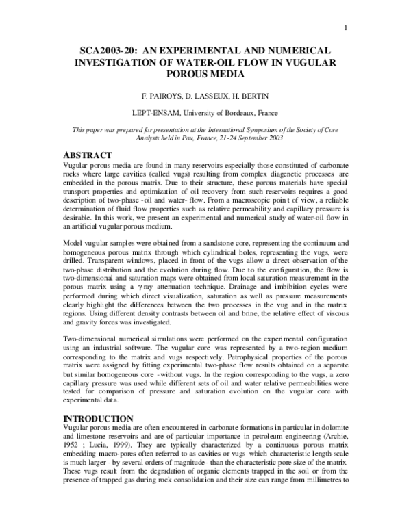 Pdf Sca2003 20 An Experimental And Numerical Investigation Of Water Oil Flow In Vugular