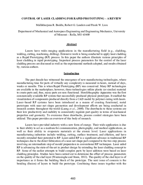 (PDF) Control of Laser Cladding for Rapid Prototyping-A Review