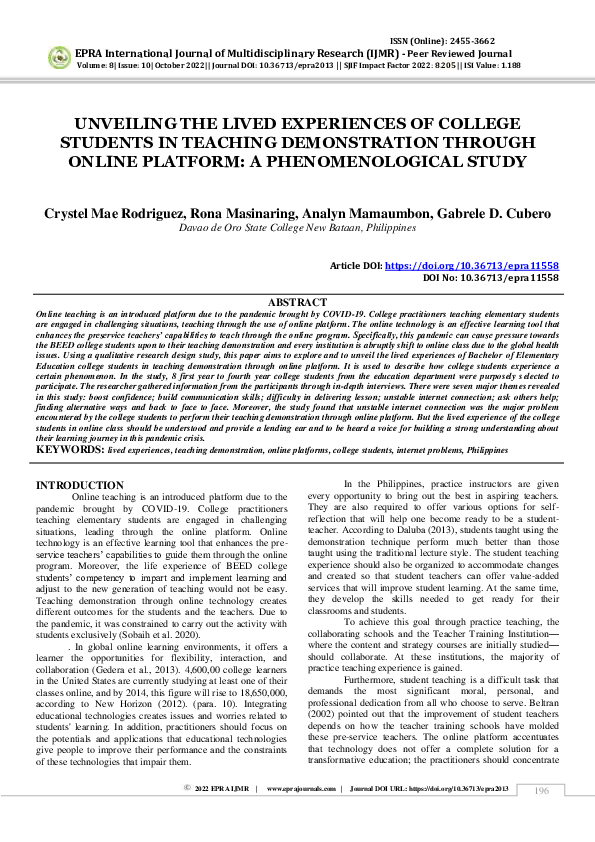 (PDF) Unveiling the Lived Experiences of College Students in Teaching Demonstration Through ...