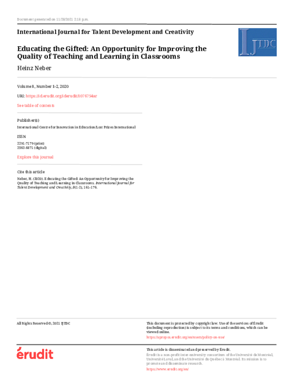 (PDF) Educating the Gifted: An Opportunity for Improving the Quality of ...