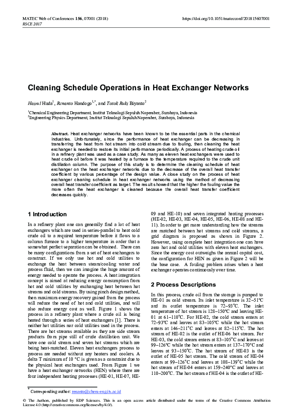 (PDF) Cleaning Schedule Operations in Heat Exchanger Networks | renanto handogo - Academia.edu