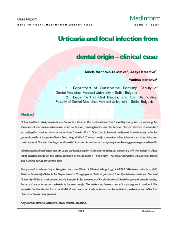 (PDF) Urticaria and focal infection from dental origin – clinical case
