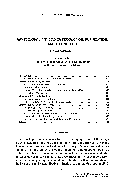 (PDF) Monoclonal Antibodies: Production, Purification, and Technology