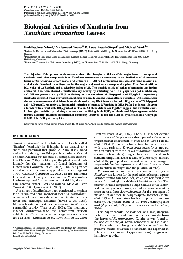 (PDF) Biological Activities of Xanthatin from Xanthium strumarium Leaves