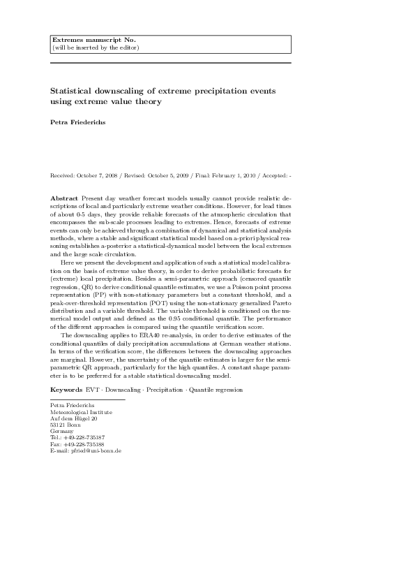 Pdf Statistical Downscaling Of Extreme Precipitation Events Using Extreme Value Theory
