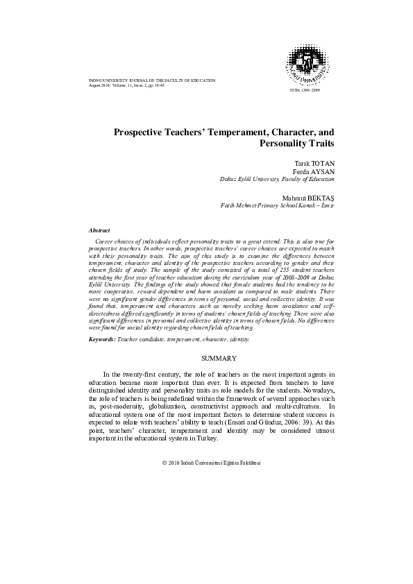 (PDF) Prospective Teachers' Temperament, Character, and Personality Traits (PDF) Prospective Teachers' Temperament, Character, and Personality Traits