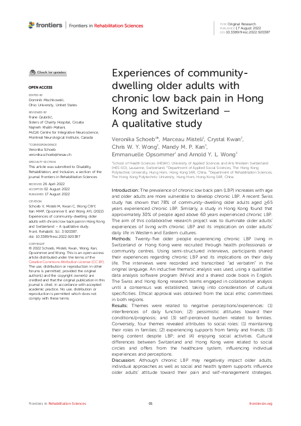 (PDF) Experiences of communitydwelling older adults with chronic low back pain in Hong Kong and ...