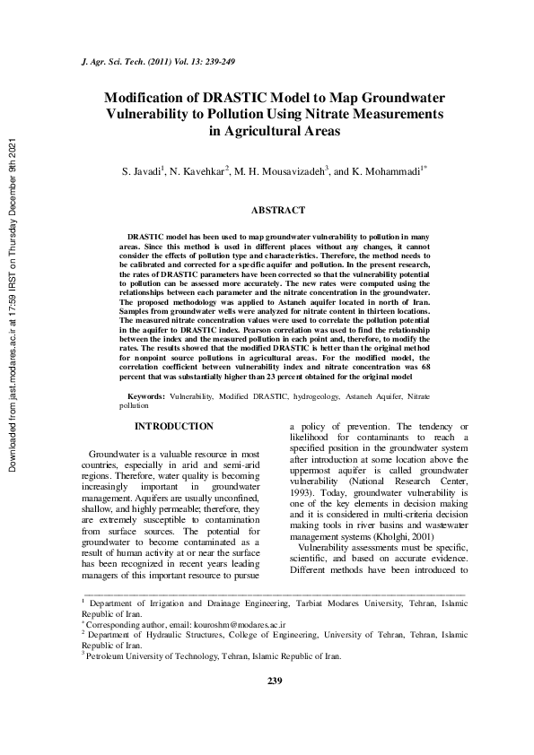 Pdf Modification Of Drastic Model To Map Groundwater Vulnerability To Pollution Using Nitrate