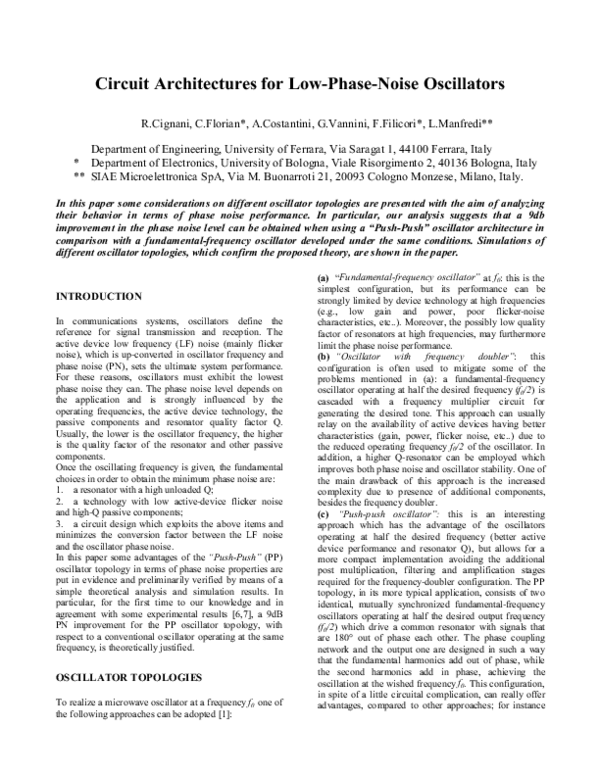(PDF) Circuit Architectures for Low-Phase-Noise Oscillators