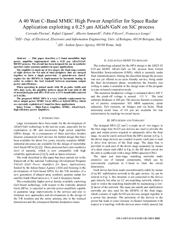 (PDF) A 40 watt C-band MMIC high power amplifier for space radar application exploiting a 0.25 ...