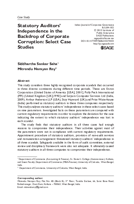 (PDF) Statutory Auditors' Independence in the Backdrop of Corporate ...