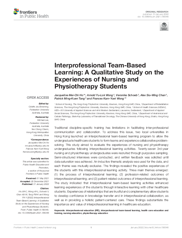 (PDF) Interprofessional Team-Based Learning: A Qualitative Study on the Experiences of Nursing ...