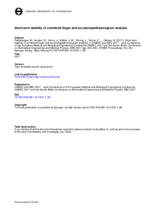 (PDF) Short-term stability of combined finger and toe photoplethysmogram analysis