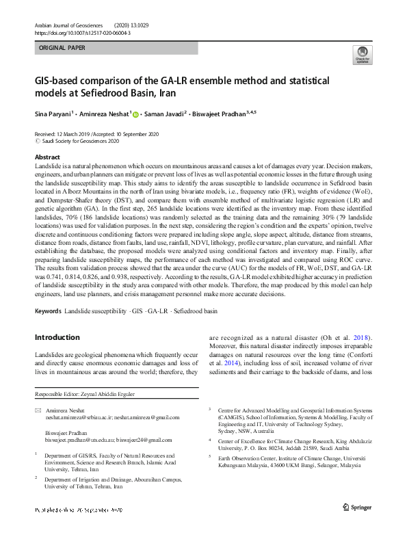 Pdf Gis Based Comparison Of The Ga Lr Ensemble Method And Statistical Models At Sefiedrood