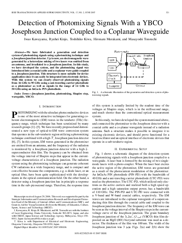 (PDF) Detection of Photomixing Signals With a YBCO Josephson Junction Coupled to a Coplanar ...