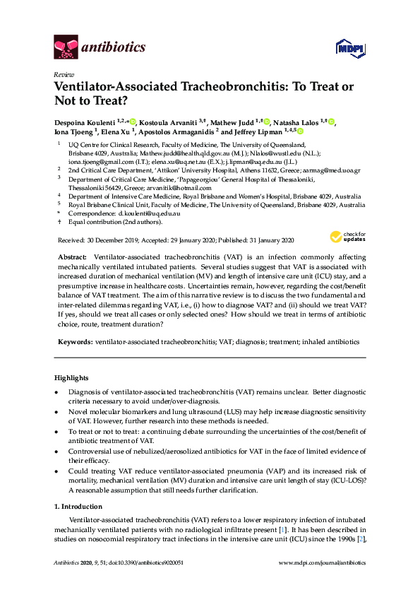 (PDF) Ventilator-Associated Tracheobronchitis: To Treat or Not to Treat?