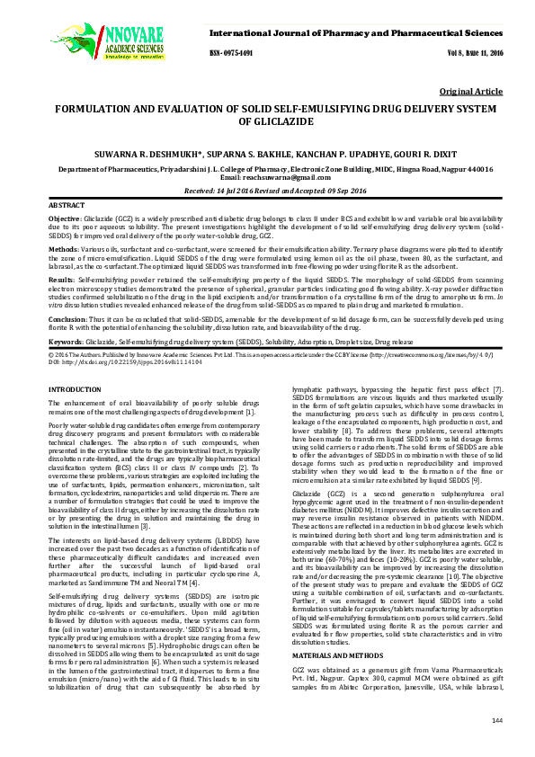 Pdf Formulation And Evaluation Of Solid Self Emulsifying Drug Delivery System Of Gliclazide
