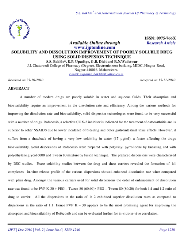 (PDF) Solubility and Dissolution Improvement of Poorly Soluble Drug Using Solid Dispesion Technique