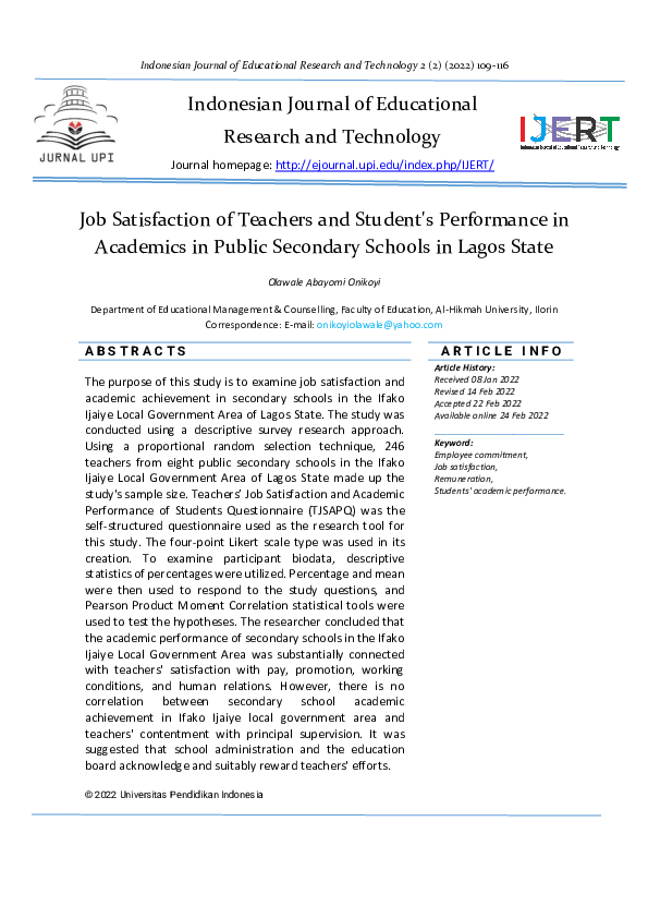 (PDF) Job Satisfaction of Teachers and Student's Performance in Academics in Public Secondary ...
