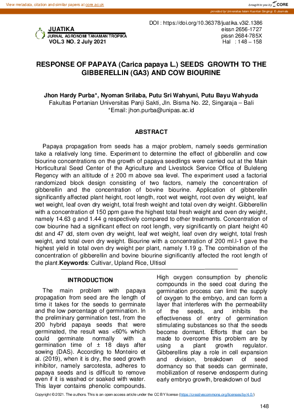 (PDF) Response Of Papaya (Carica papaya L.) Seeds Growth To The Gibberellin (GA3) and Cow ...