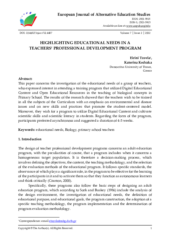 (PDF) Highlighting Educational Needs in a Teachers’ Professional ...
