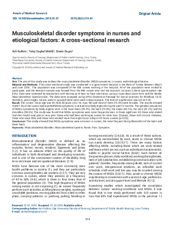 (PDF) Musculoskeletal disorder symptoms in nurses and etiological ...