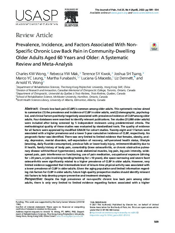 (PDF) Prevalence, Incidence, and Factors Associated With Non-Specific Chronic Low Back Pain in ...