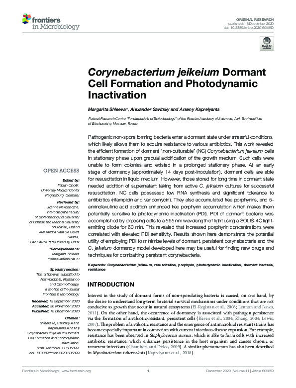 (PDF) Corynebacterium jeikeium Dormant Cell Formation and Photodynamic ...