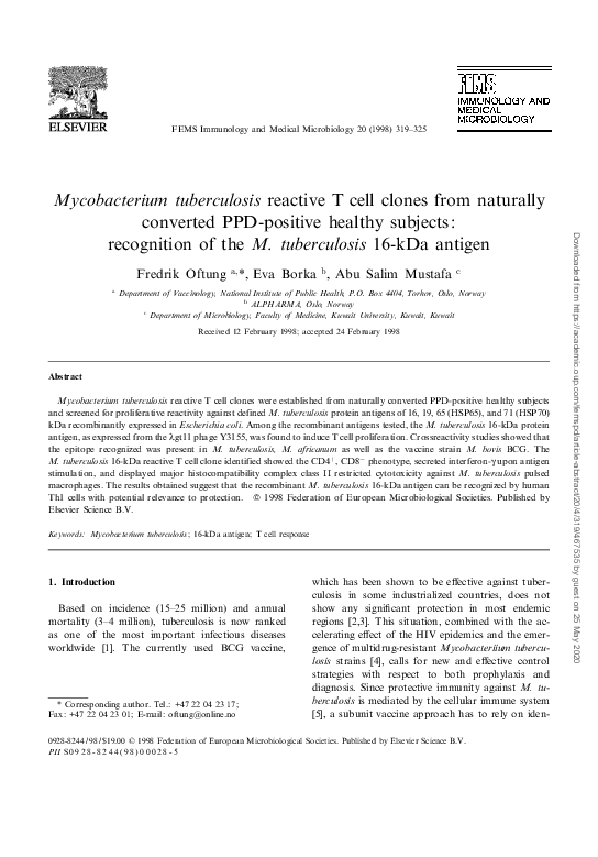 (PDF) Mycobacterium tuberculosis reactive T cell clones from naturally ...