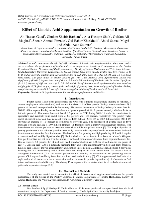 (PDF) Effect of Linoleic Acid Supplimentation on Growth of Broiler | Dr. Ali Gaad - Academia.edu