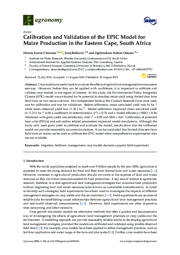 (PDF) Calibration and Validation of the EPIC Model for Maize Production in the Eastern Cape ...
