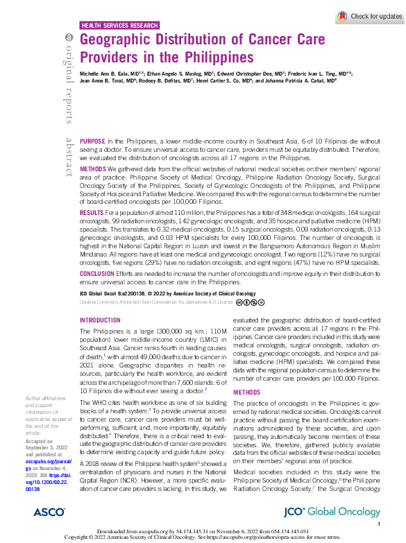 (PDF) Geographic Distribution of Cancer Care Providers in the Philippines